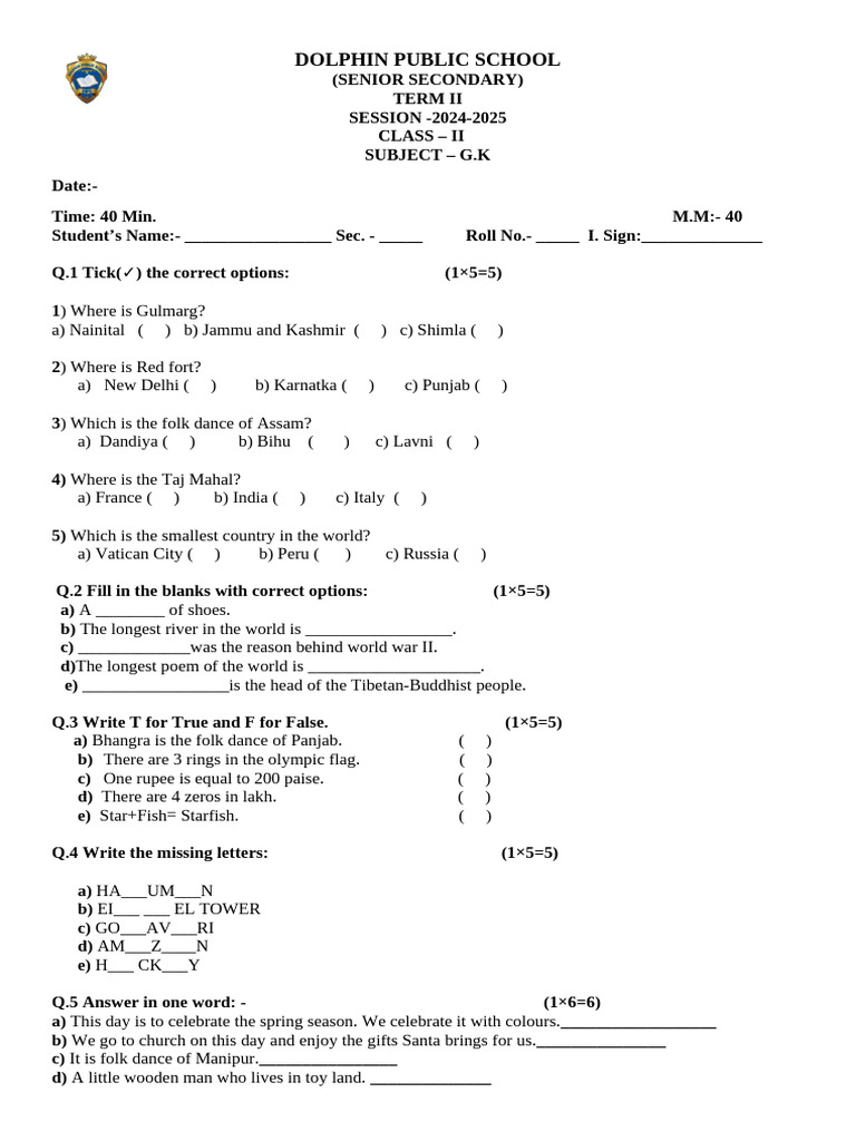 Class-2 Term-2G.K Paper | PDF