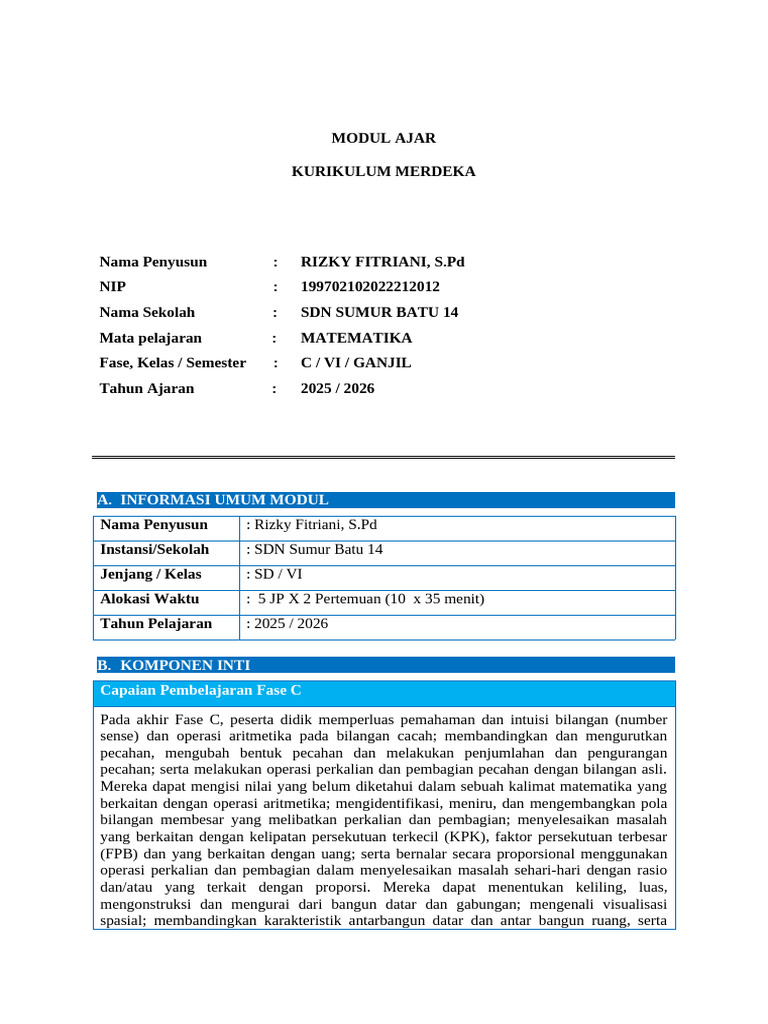 Modul Ajar Perkalian Pecahan MTK EDIT | PDF