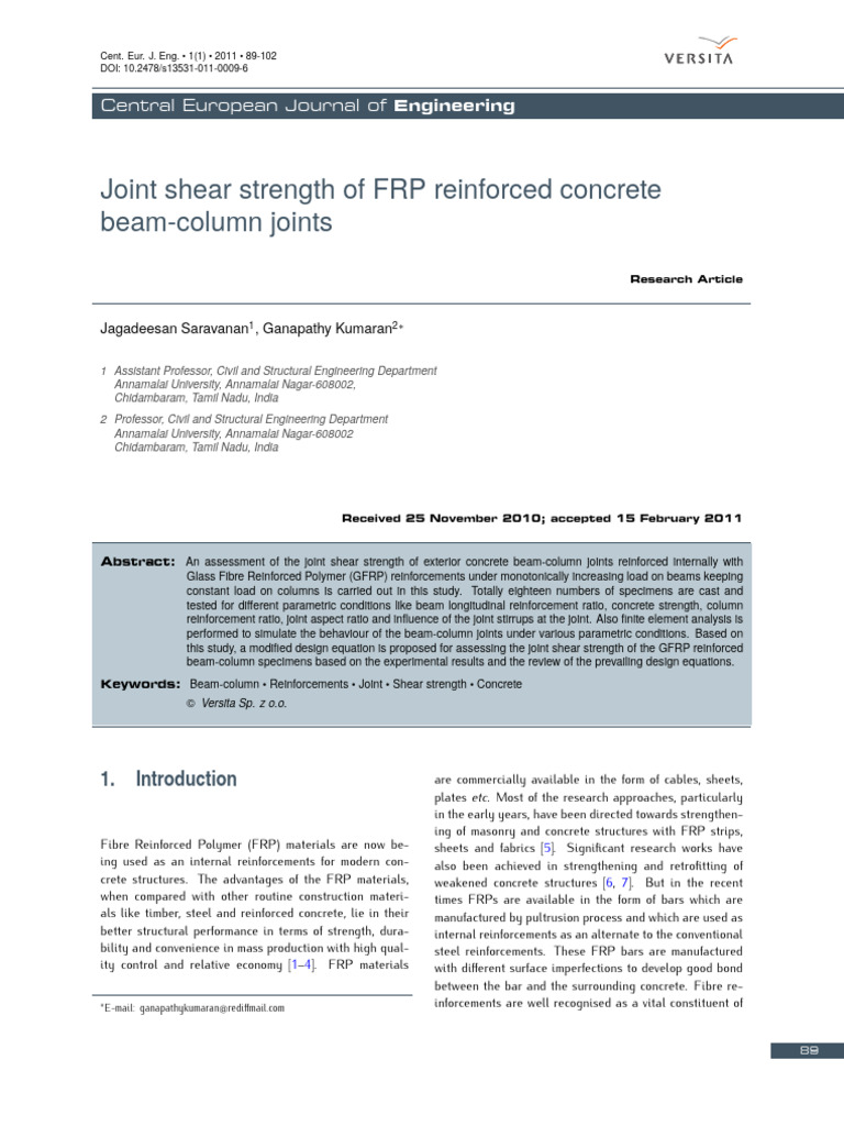 Joint Shear Strength of FRP Reinforced Concrete Be | PDF | Deformation ...