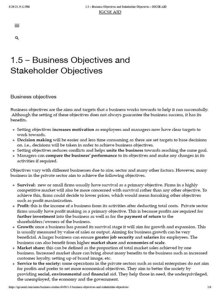 Business Objectives in IGCSE Studies | PDF | Employment | Business