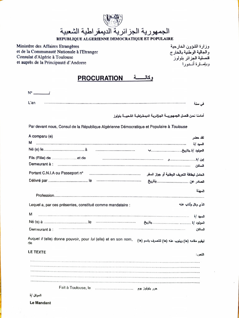 Formulaire de Procuration Consulat Algérie | PDF
