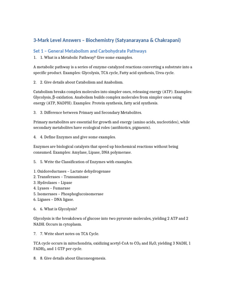 Biochemistry 3 Mark Answers Satyanarayana | PDF | Metabolism | Citric Acid Cycle