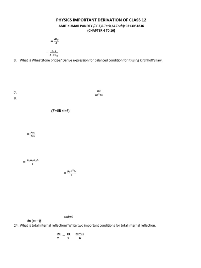 Important Physics Derivations for Class 12 | PDF | Inductor | Transformer
