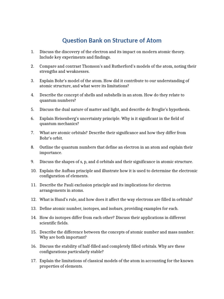 Comprehensive Atom Structure Question Bank | PDF | Atomic Orbital ...