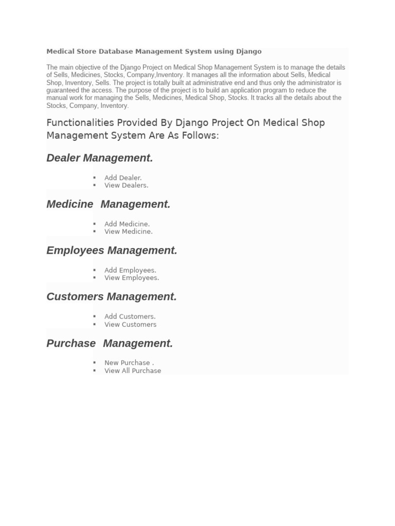 Medical Store Database Management System Using Django Python | PDF