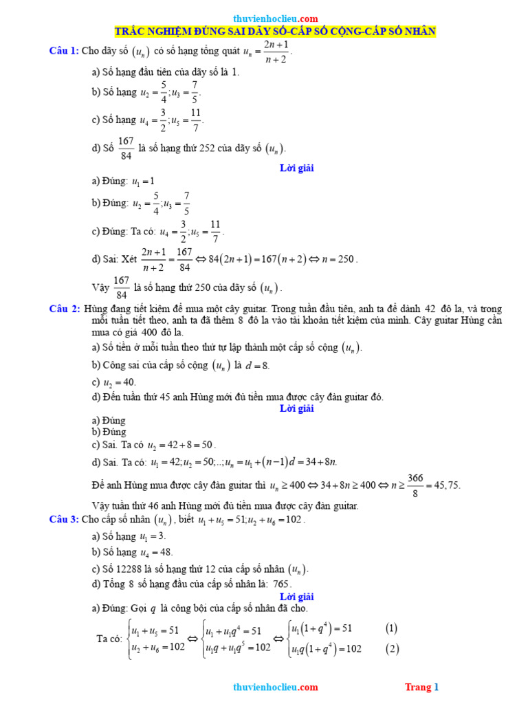 50 Bai Tap Trac Nghiem DUNG SAI Day So Cap So Cong Cap So Nhan | PDF