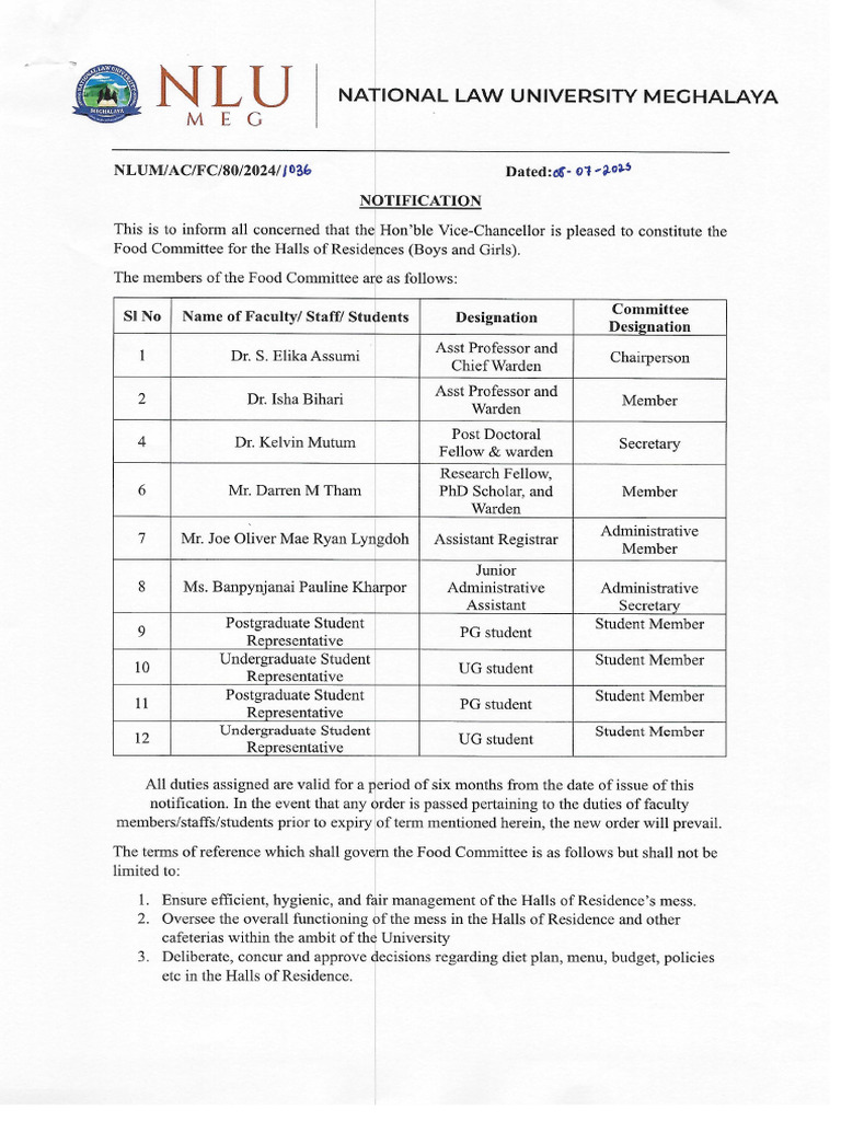 Food Committee Members For The Halls of Residences Boys and Girls | PDF