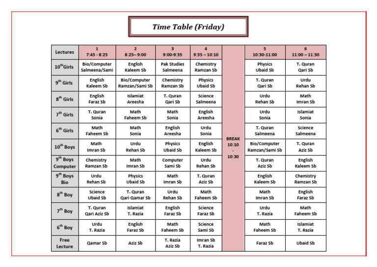 Friday Time Table September Morning 2025 | PDF