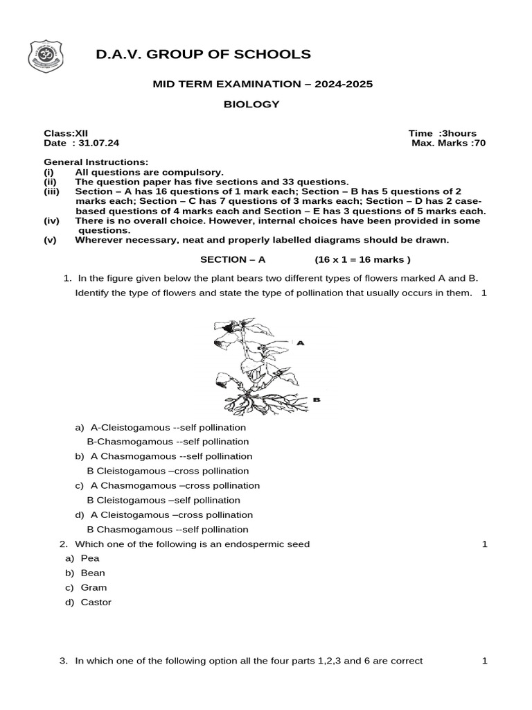 Class Xii Biology Mid Ter QP | PDF | Genotype | Fertilisation