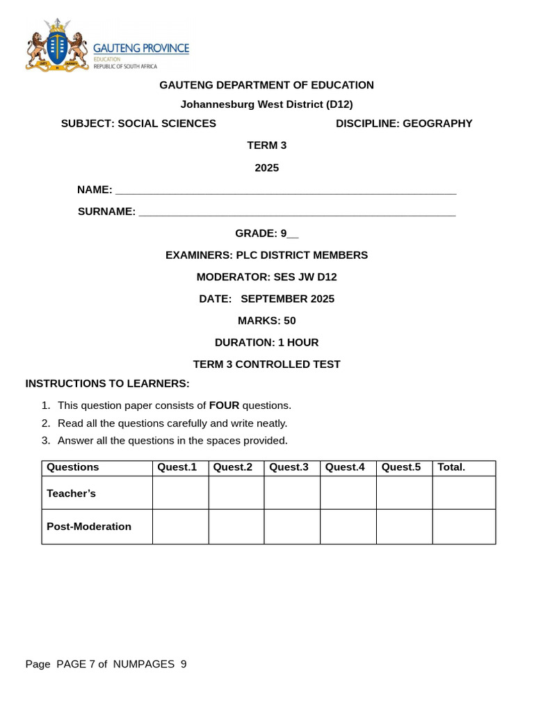 Grade 9 Geography Term 3 Test 2025 | PDF | Erosion | Soil