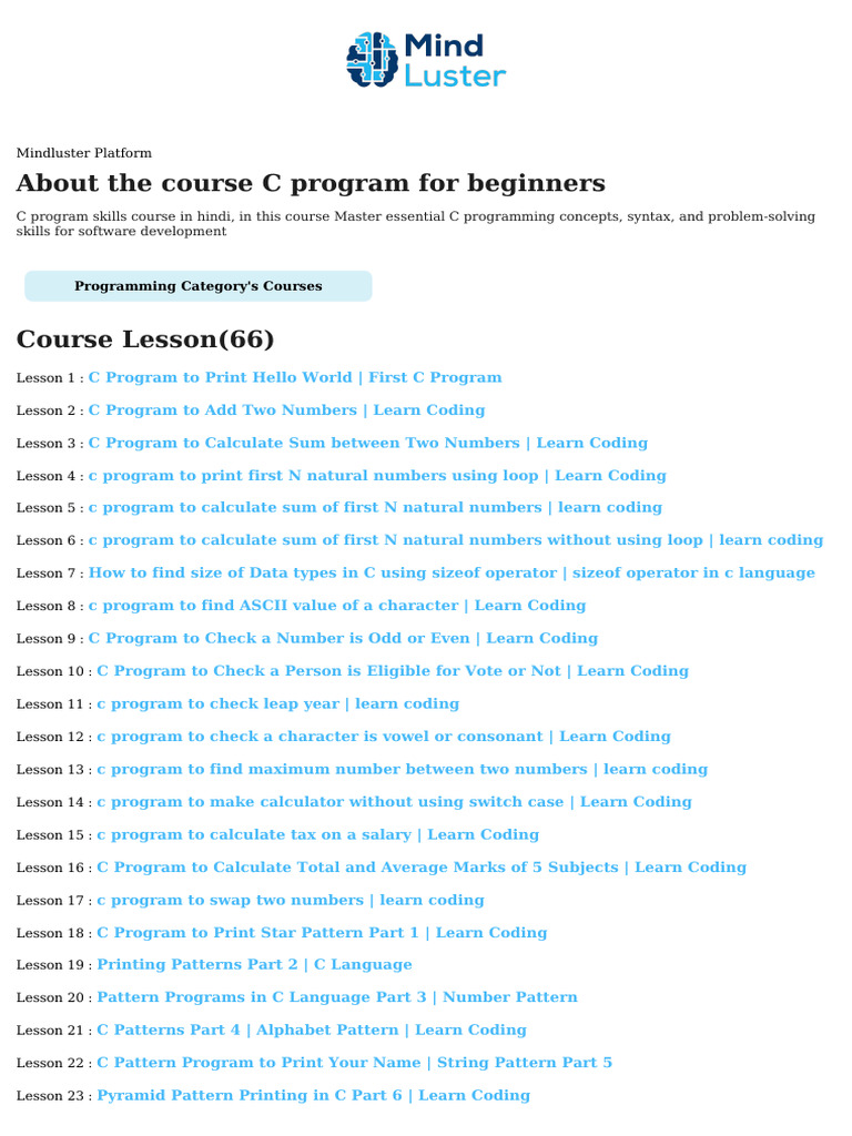 C Program For Beginners Course Content | PDF | Computer Programming | Matrix (Mathematics)