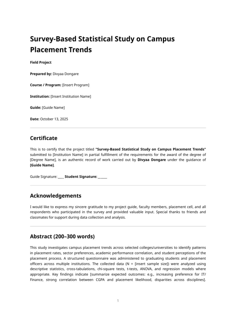 Survey-Based Statistical Study On Campus Placement Trends - 50 Page ...