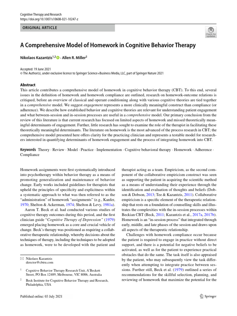 Comprehensive Model of Homework in CBT | PDF | Cognitive Behavioral ...