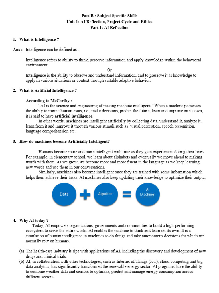 Unit 1 AI Reflection, Project Cycle and Ethics Part - 1 AI Reflection | PDF | Artificial ...