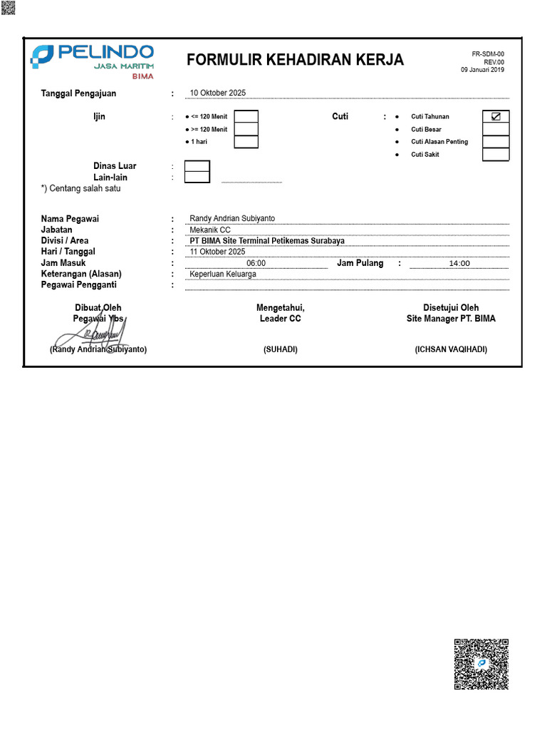 Form Cuti Tahunan Randy Andrian Subiyanto 11 Oktober 2025 | PDF
