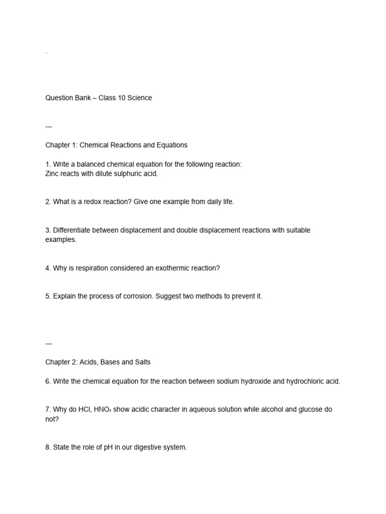 Class 10th Questions Bank For Upcoming Midterm Exams | PDF | Chemical ...