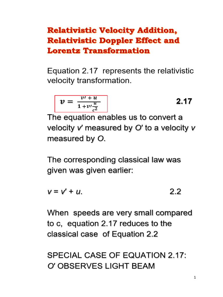 Relativistic Velocity Addition, Doppler Effect Lorentz Transormation F ...