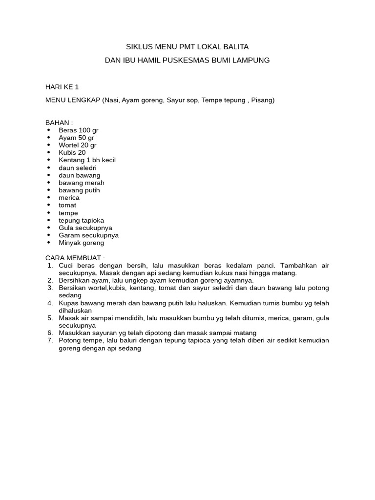 Contoh Siklus Menu PMT Lokal Balita 2025 | PDF