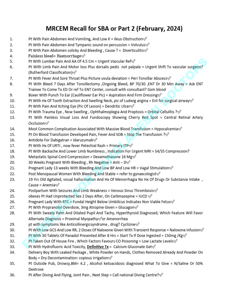 MRCEM Recall For SBA or Part 2 (February, 2024) | PDF | Knee | Sepsis