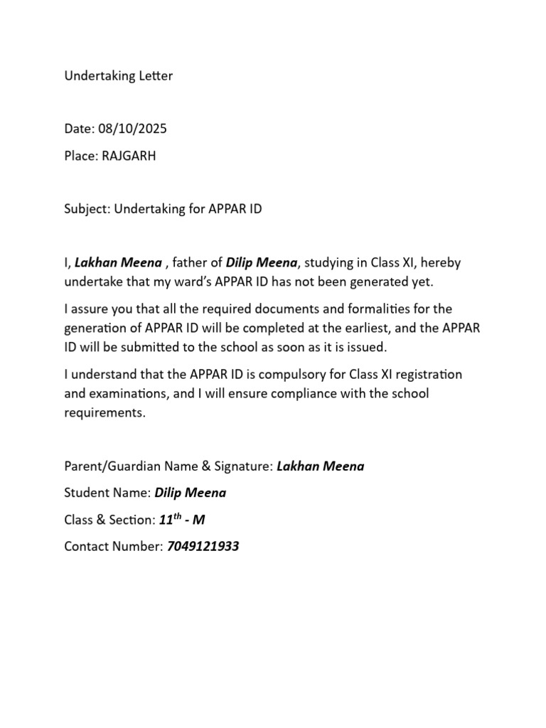 Undertaking Letter for APPAR ID | PDF