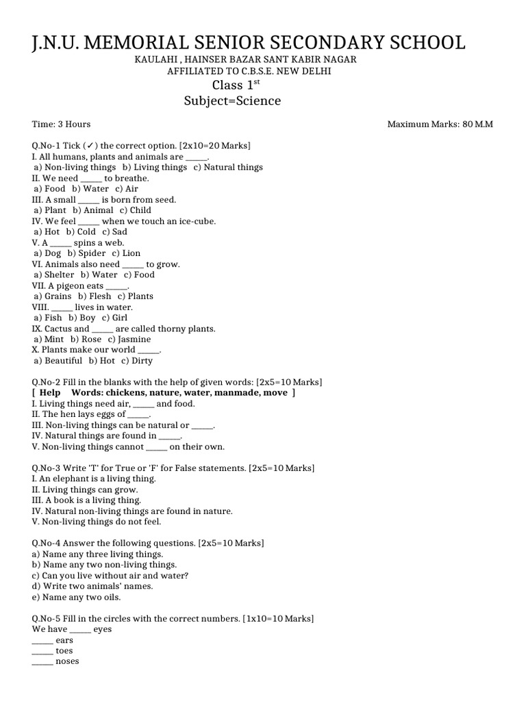 Class 1 Science Question Paper | PDF