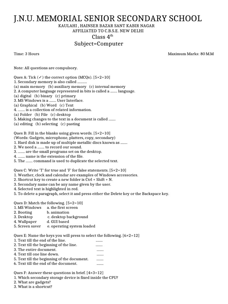 Class 4 Computer Question Paper | PDF | Computer File | Computer Data Storage