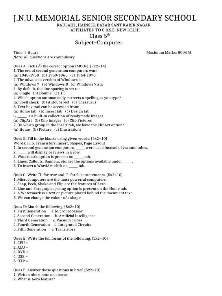 Class 5 Computer Question Paper | PDF | Software | Computer Science