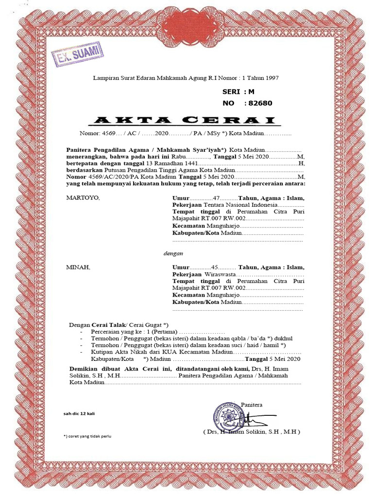 Akta Cerai Martoyoo | PDF