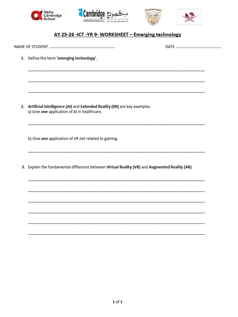 Year 9 Worksheet on Emerging Tech | PDF