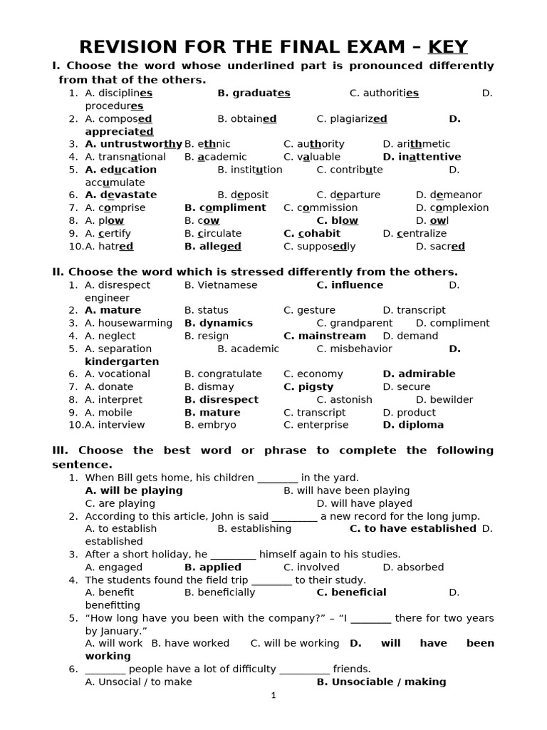Revision For The Final Exam - 1st Semster - Key | PDF