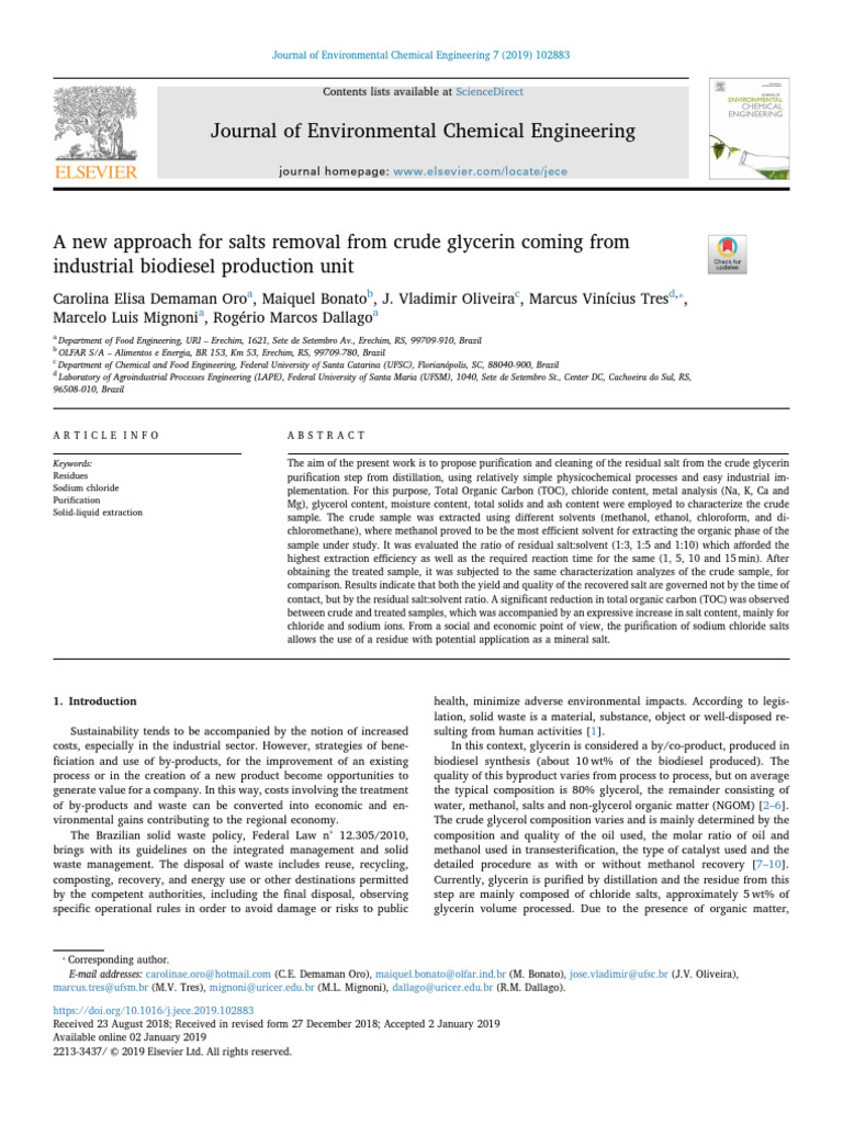 A New Approach For Salts Removal From Crude Glycerin Coming From ...