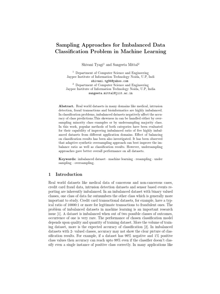Sampling Approaches For Imbalanced Data Classification Problem in Machine Learning | PDF ...