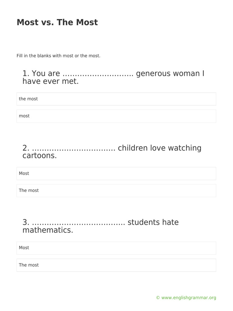 Fill in the Blanks: Most vs. The Most | PDF