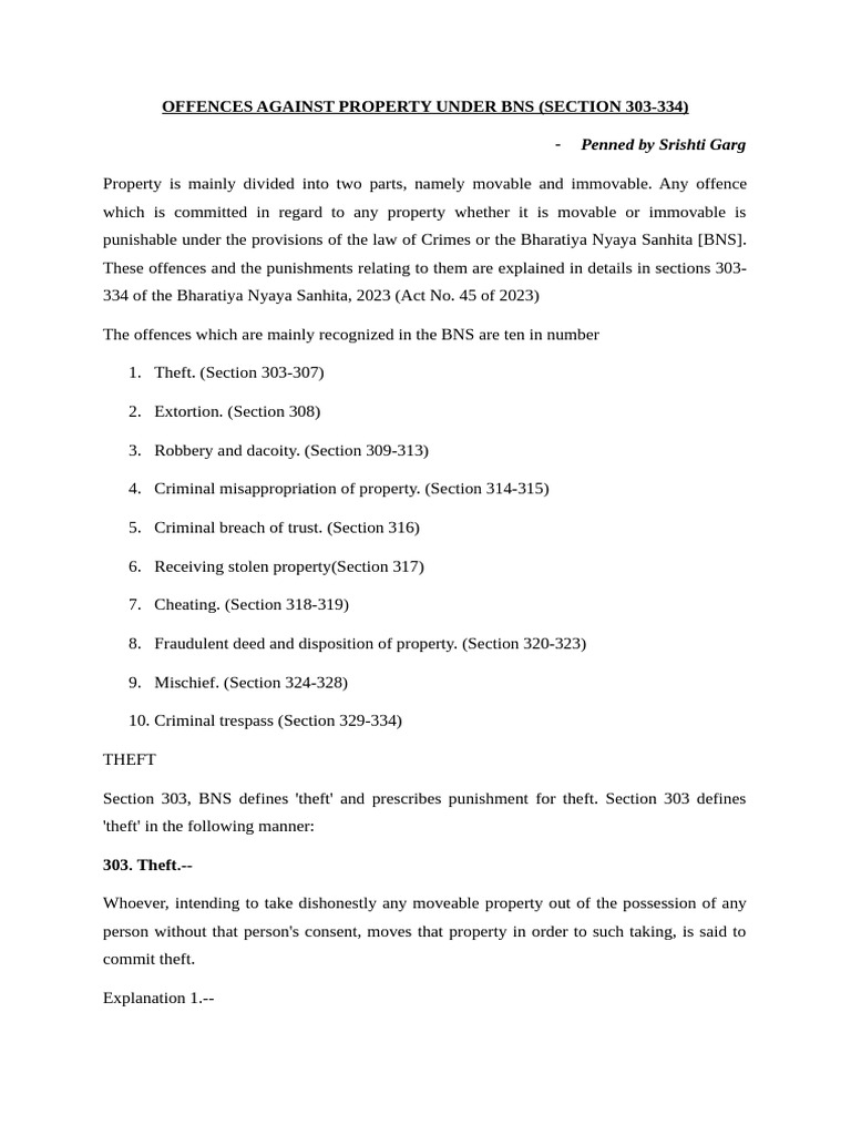 Offences Against Property in BNS | PDF | Theft | Misconduct