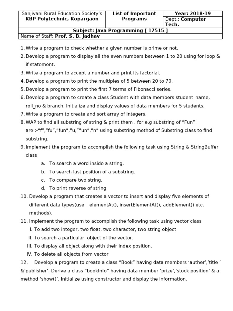 List of Important Programs Java | PDF | String (Computer Science ...