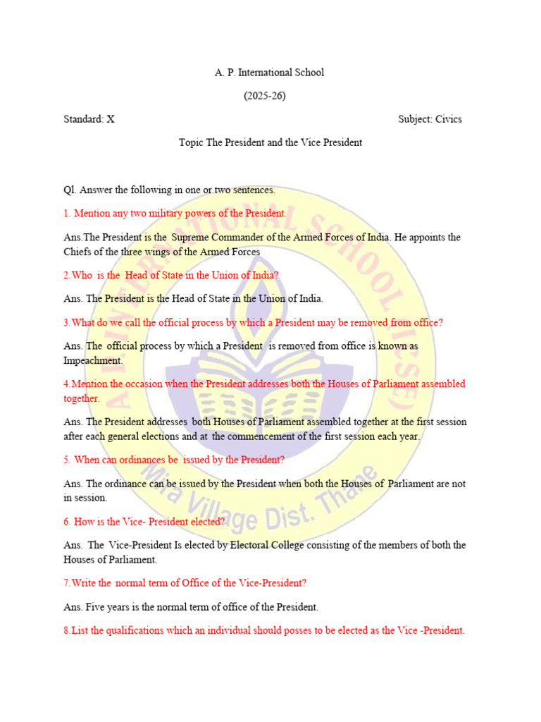 Civics: President & Vice President Roles | PDF | Public Law | Governance