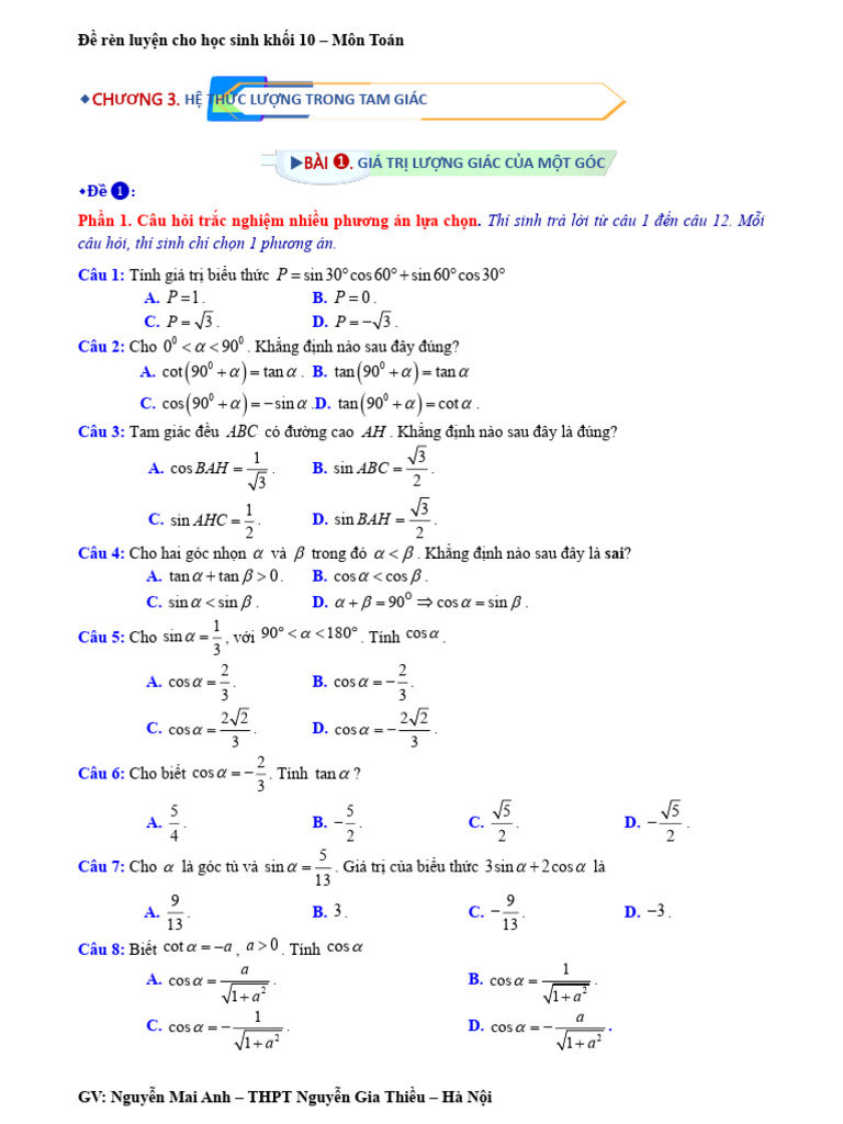 C3-B1-Gia Tri Luong Giac Cua Mot Goc-Hs | PDF