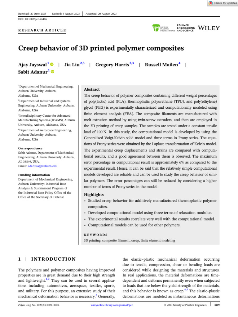 Creep Behavior of 3D Printed Polymers | PDF | Deformation (Engineering ...