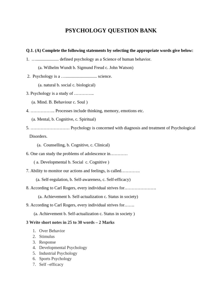 11th Psychology Question Bank | PDF