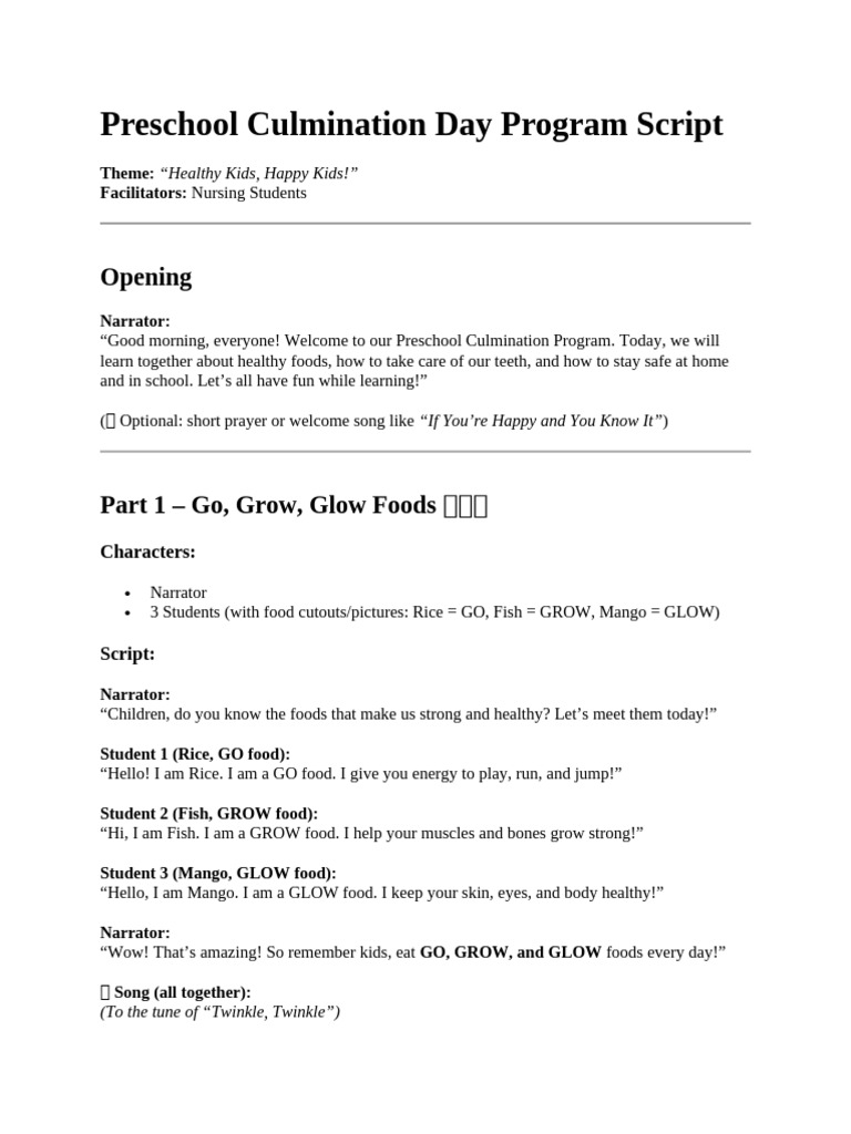 Preschool Healthy Kids Program Script | PDF
