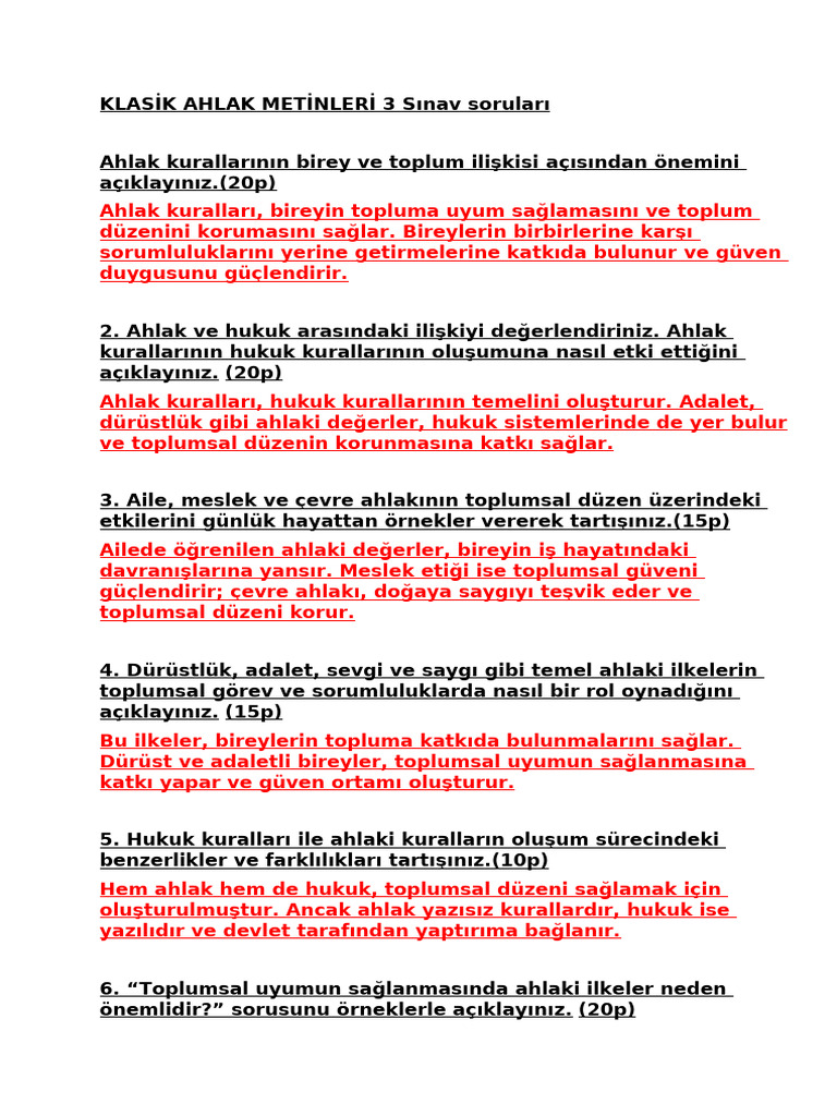 Klasik Ahlak Metinleri 3 1.dönem 1. Yazılı | PDF