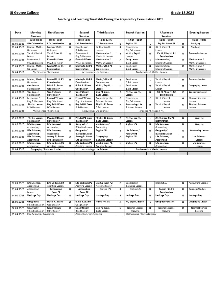 St George College Grade 12 Exam Timetable | PDF | Inquiry | Mathematics