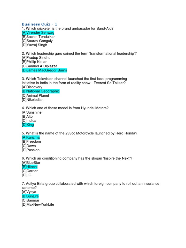 Business Quiz Questions and Answers | PDF | Beverages | Business