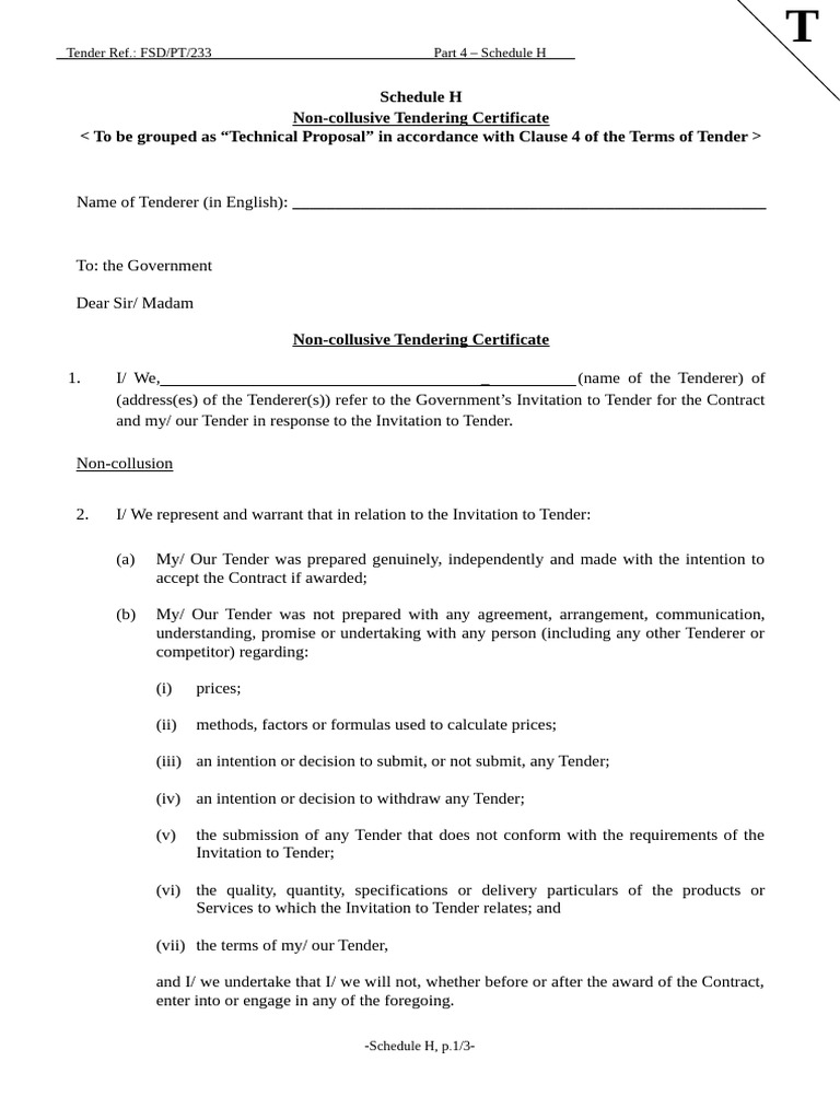 Schedule H - Non-Collusive Tendering | PDF | Private Law | Common Law