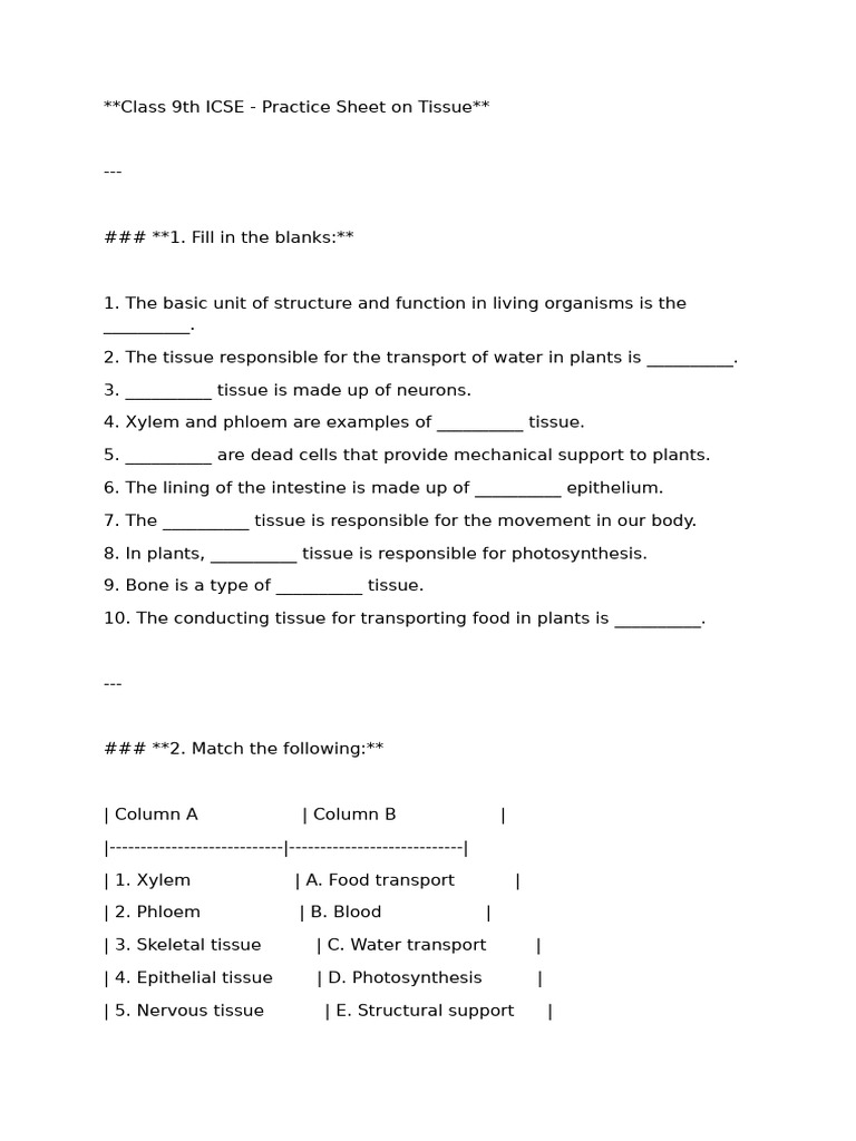 Class 9th Tissue Practise Sheet Icse | PDF | Tissue (Biology) | Epithelium