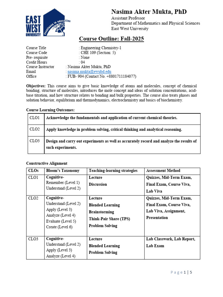 Course Outline - Engineering Chemistry-I (CHE 109) - 5 - Nasima Akter Mukta | PDF | Chemical ...