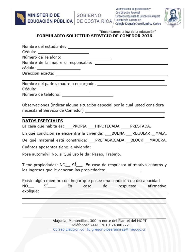 Formulario Beca Comedor Estudiantil, Curso 2026 | PDF