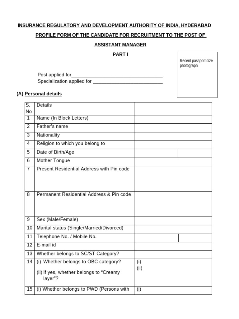 IRDAI Assistant Manager Recruitment Form | PDF