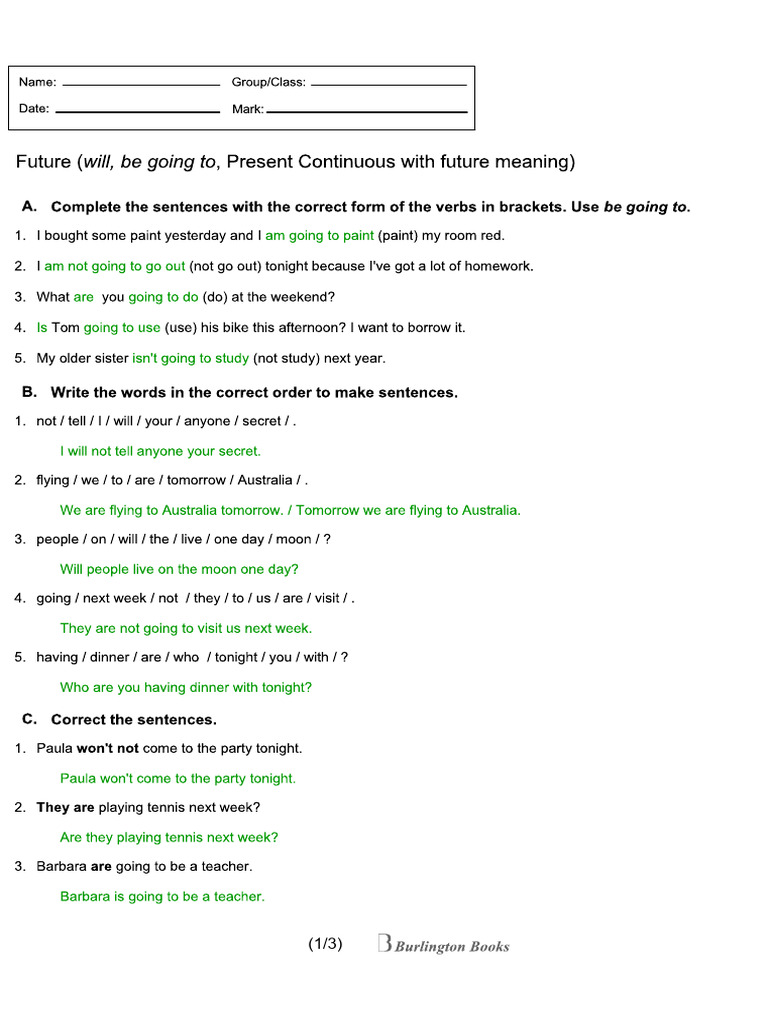 Future Tenses Key | PDF