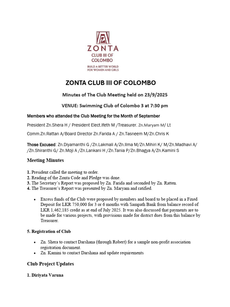 Zonta Club III Colombo Meeting Minutes | PDF